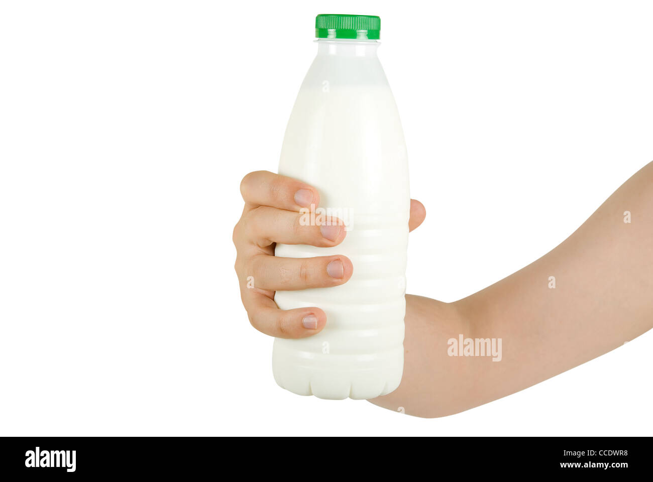 Human hand holding bottle of milk isolated on white Stock Photo - Alamy