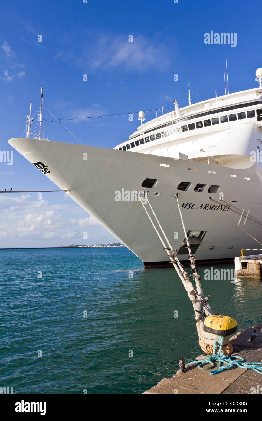 Detail of cruise ship MSC Armonia docked showing mooring lines or ...