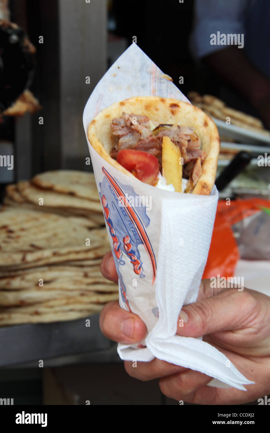 Gyro (dish of meat roasted on a vertical spit), pita, Bairaktaris ...