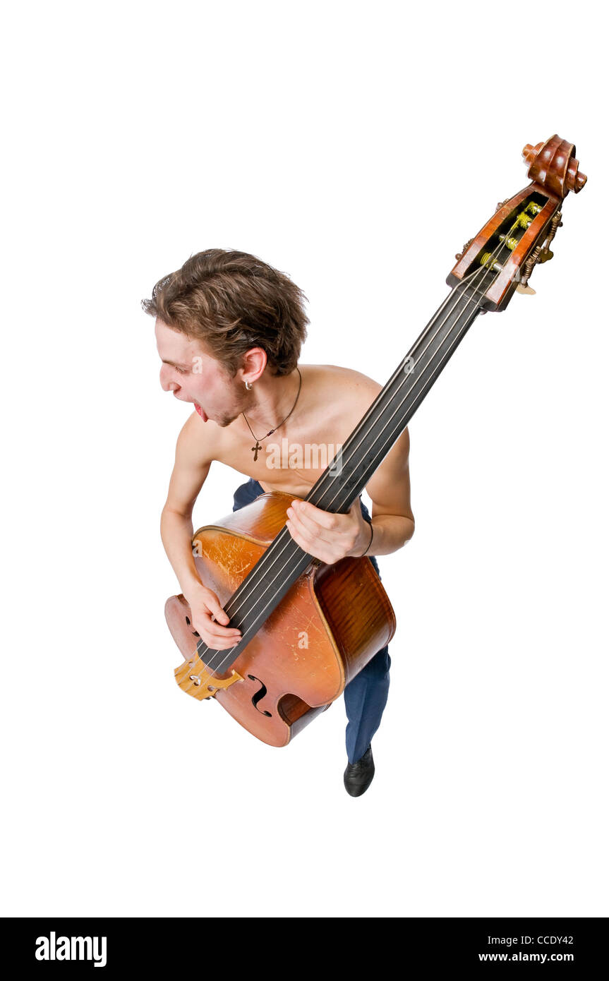 Bass viol player isolated on white background Stock Photo - Alamy