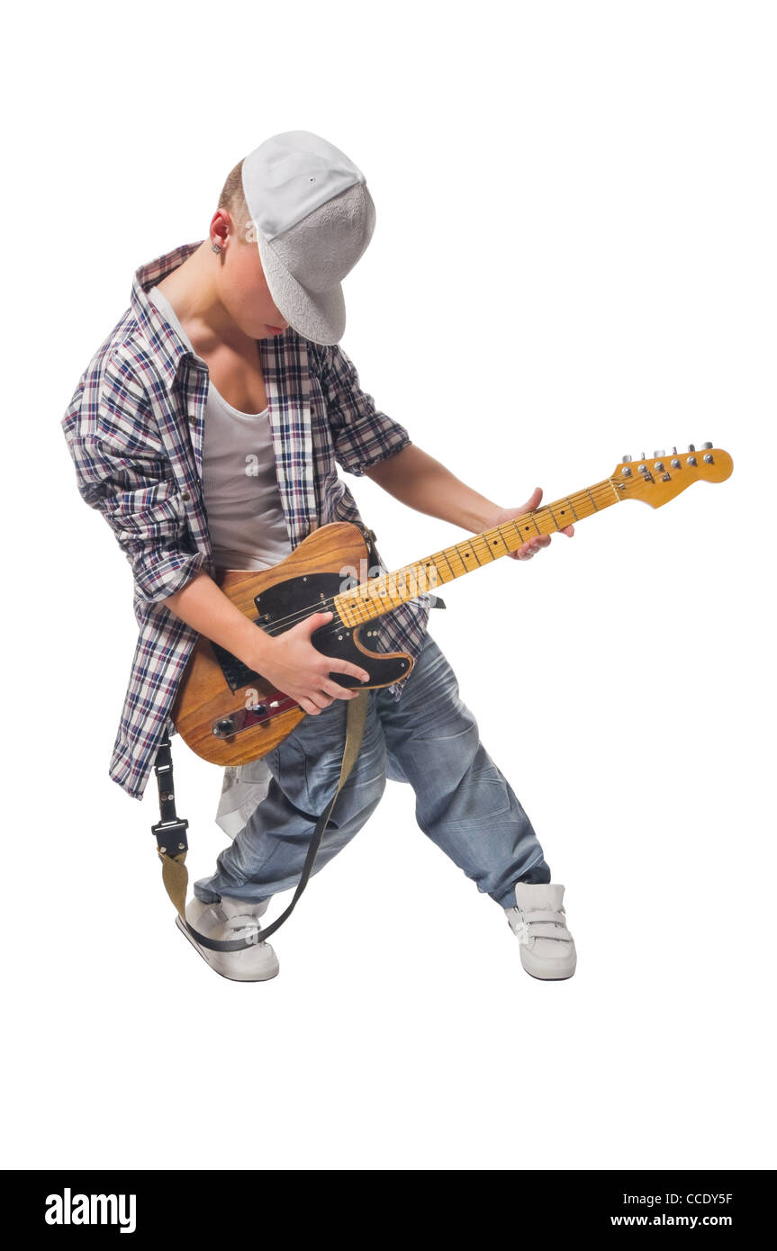 Cool young guitarist isolated on white background Stock Photo - Alamy