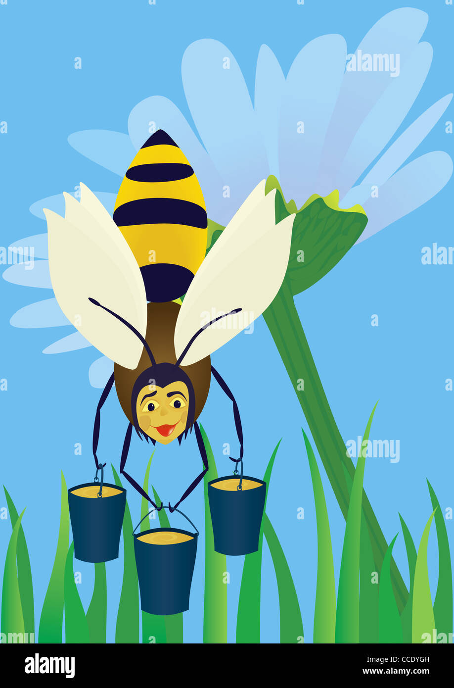 Abstract bee with buckets against the blue sky with a flower Stock ...