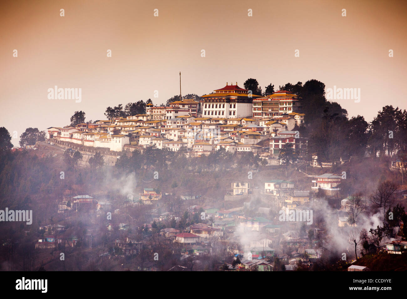 India, Arunachal Pradesh, Tawang, hilltop Buddhist Gompa at dawn (world ...