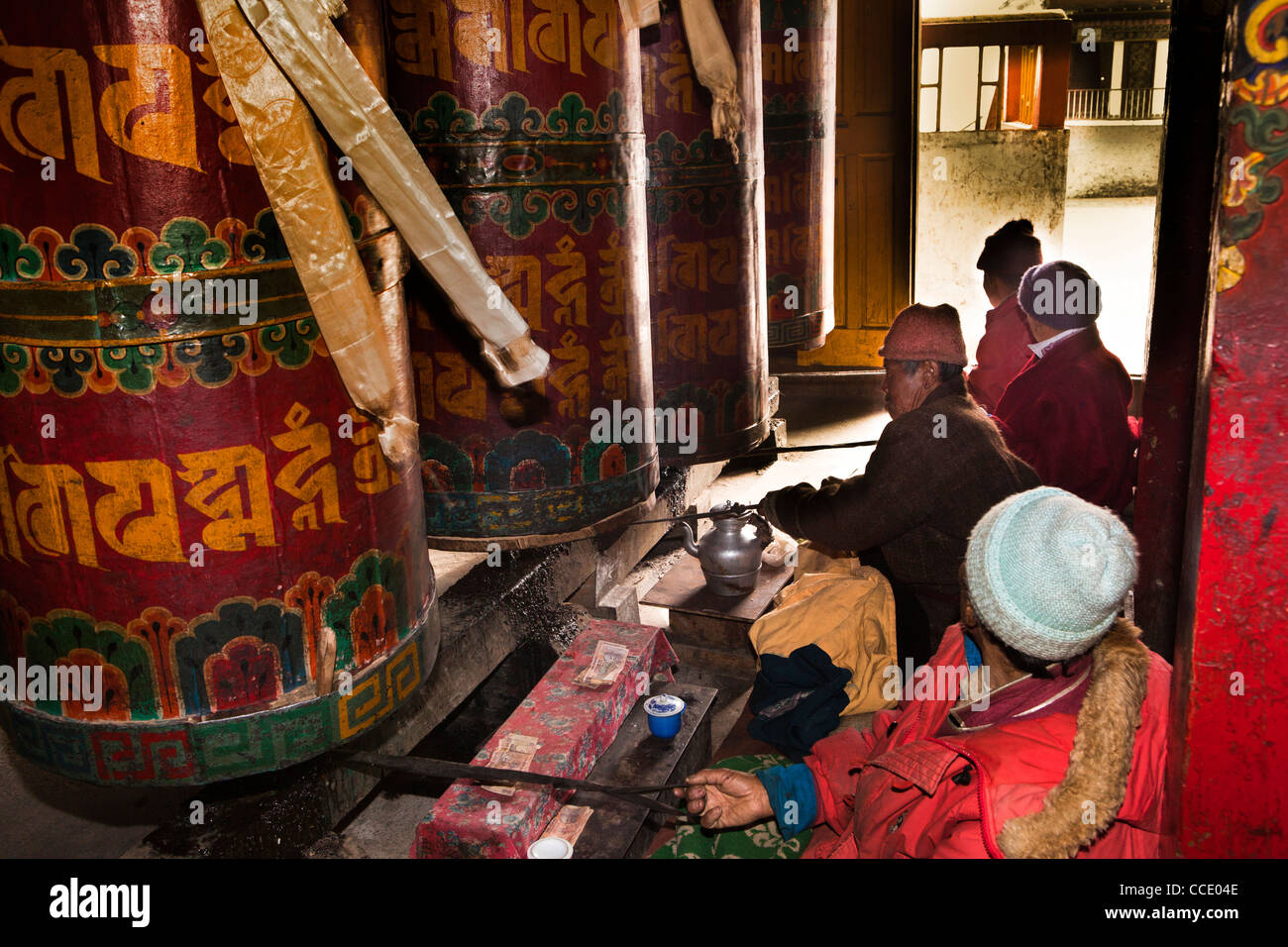 India, Arunachal Pradesh, Tawang, hilltop Buddhist Gompa, old monks ...