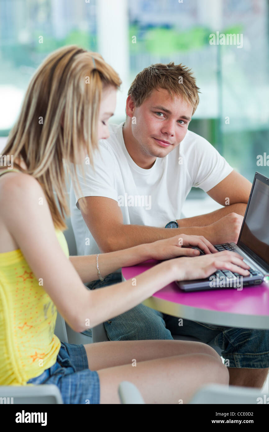 two college students having fun studying together, using a laptop ...