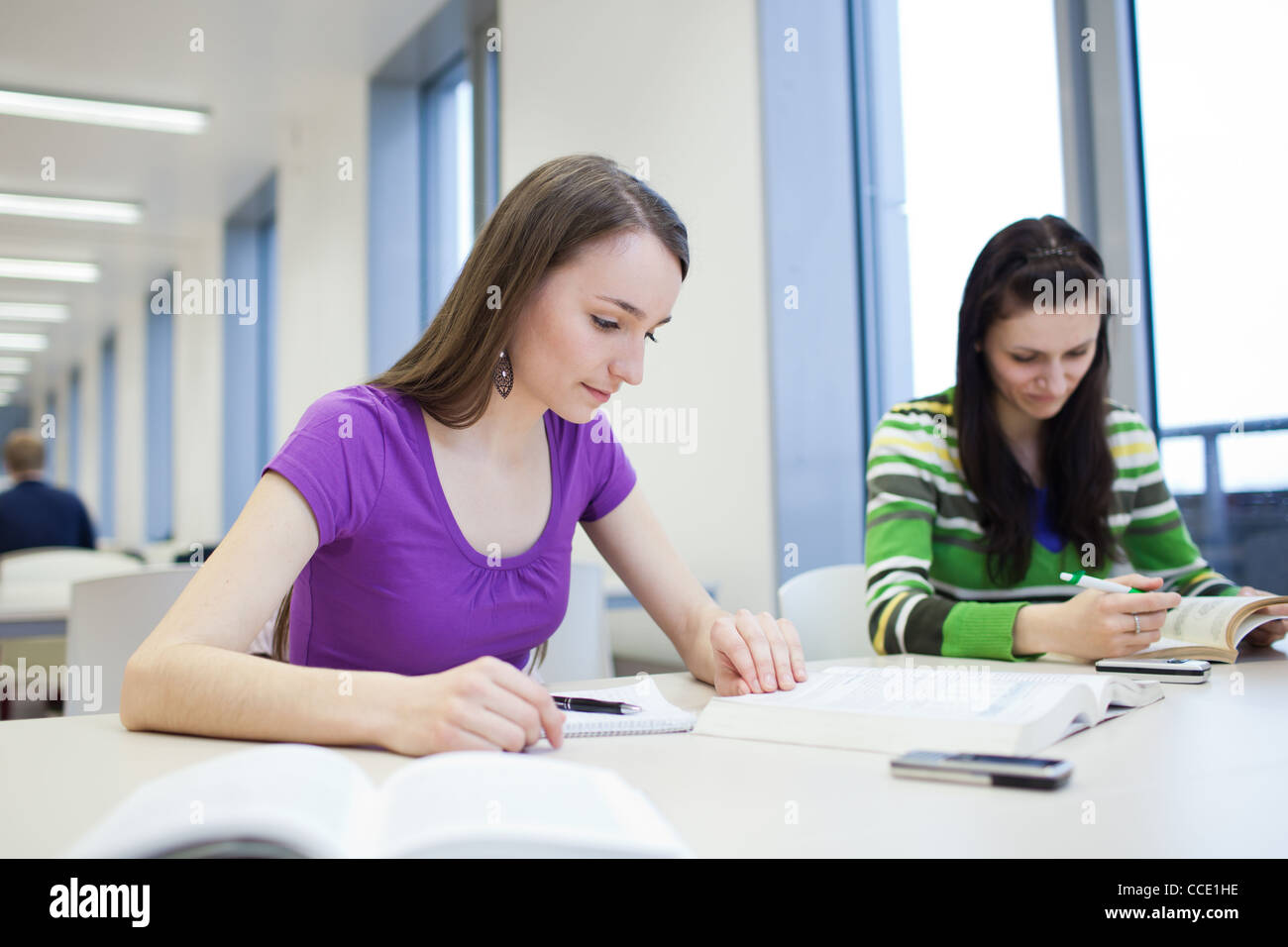 in the library - two female students with books working in a high ...