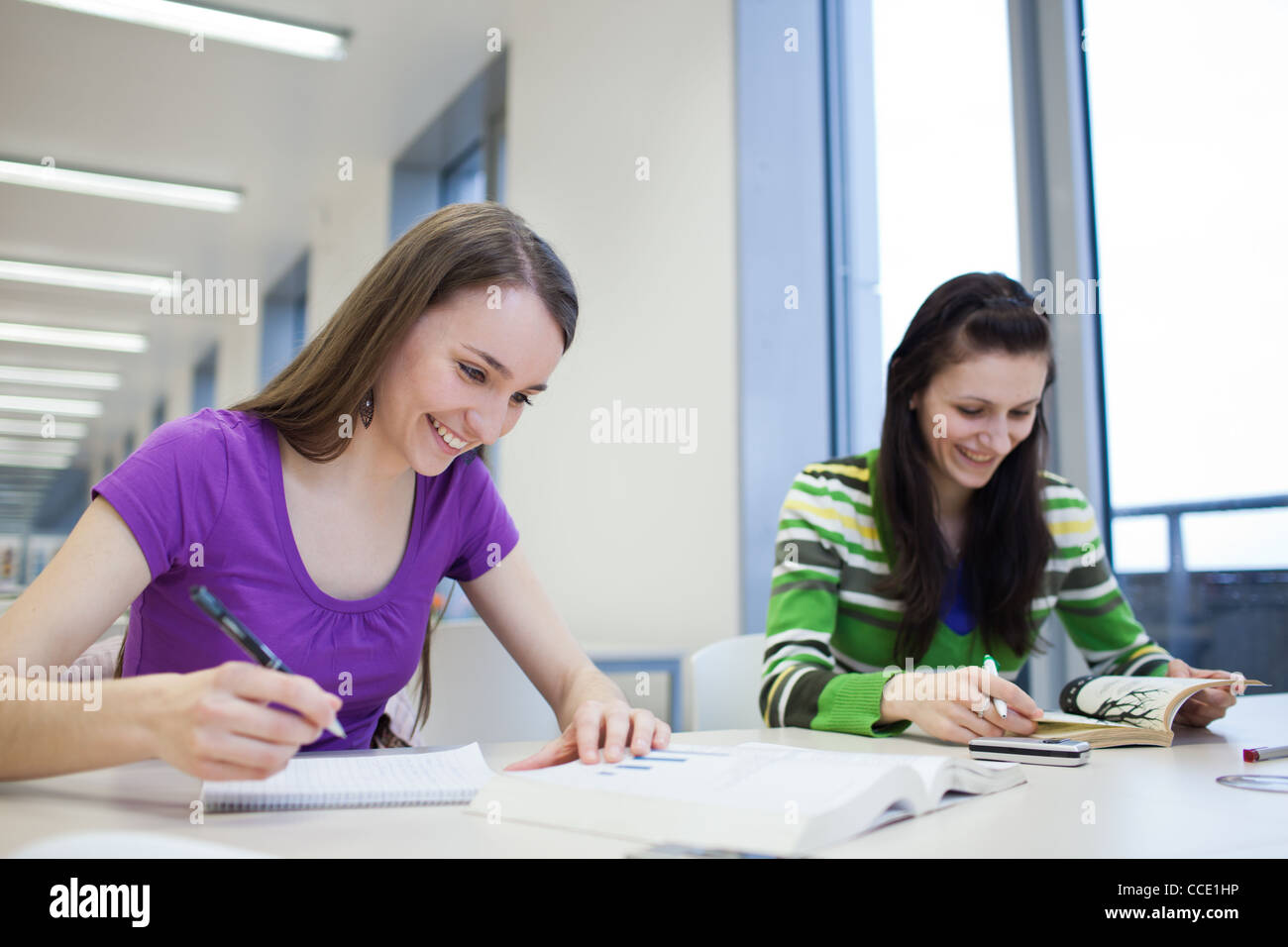 in the library - two female students with books working in a high ...