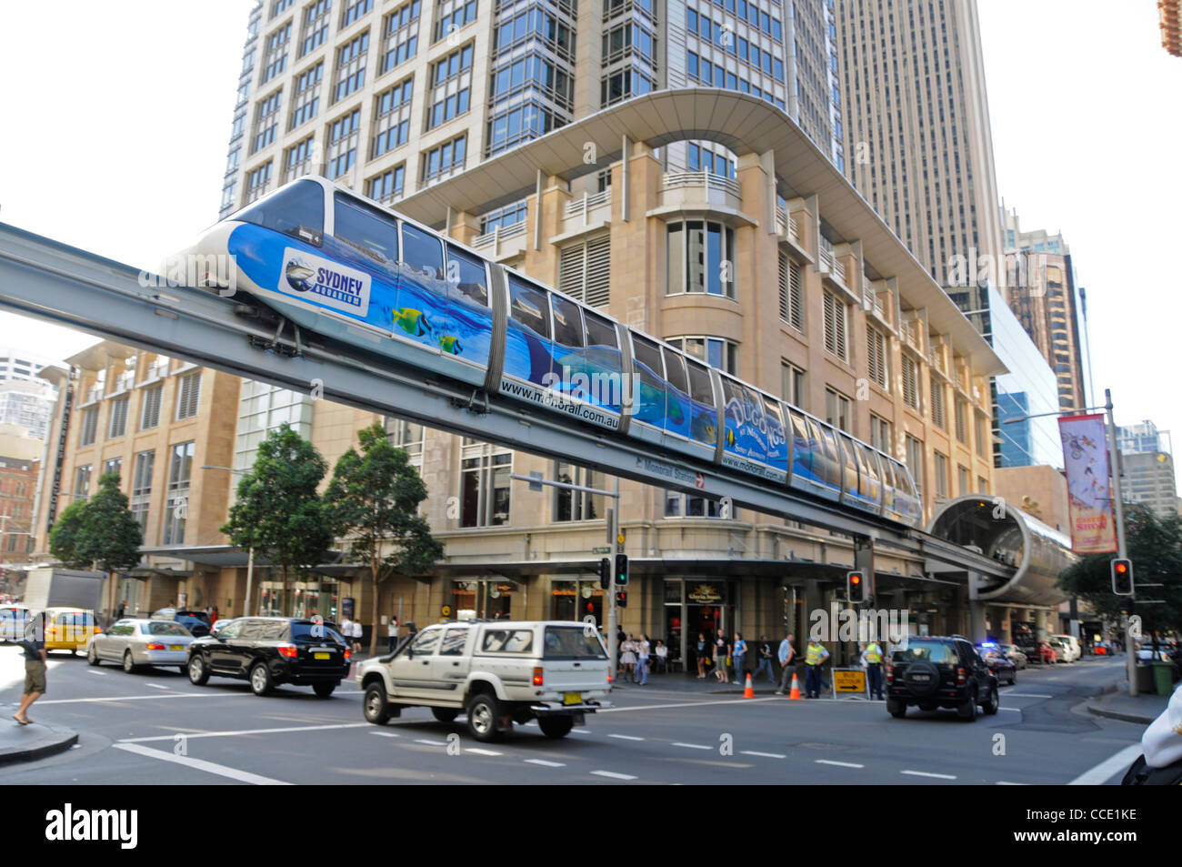 A Sydney monorail train crossing George Street in the centre of Sydney ...
