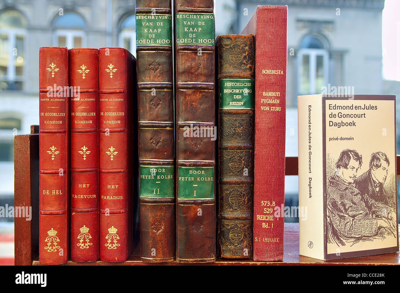 Antique books in Dutch on old book market in Ghent, Belgium Stock Photo ...