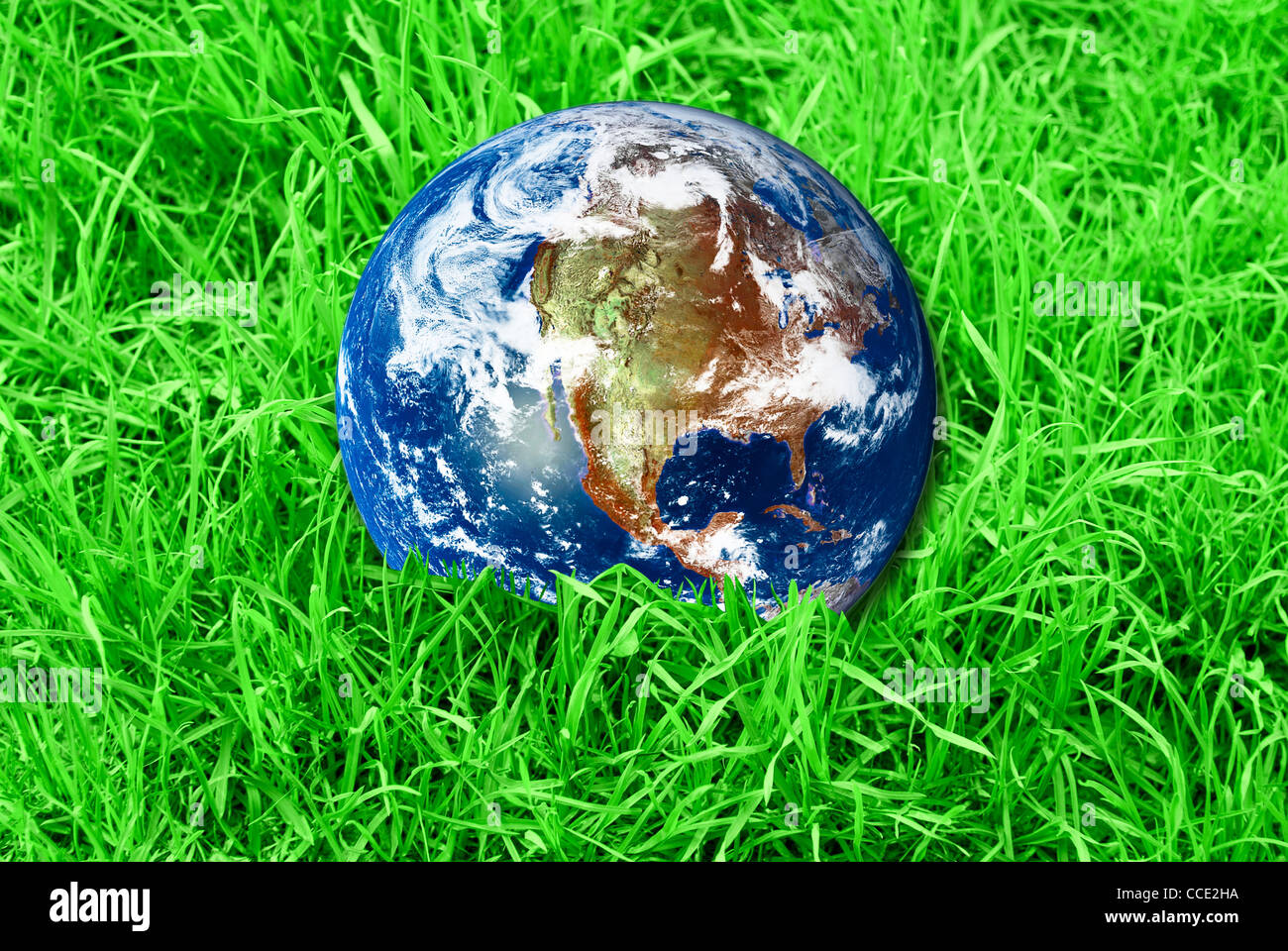 Earth at the succulent green grass background Stock Photo - Alamy