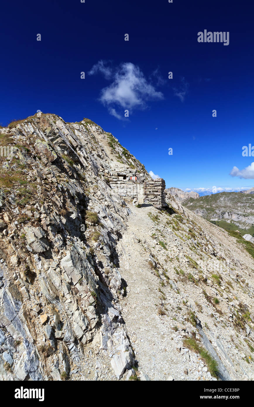 alpine pathway between first world war trench in Italian Dolomites ...