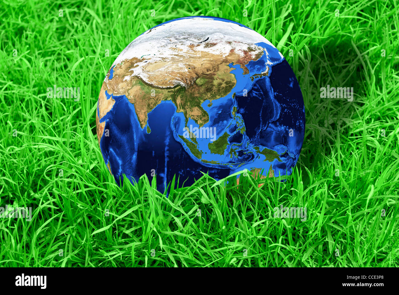 Earth planet on the green grass background Stock Photo - Alamy