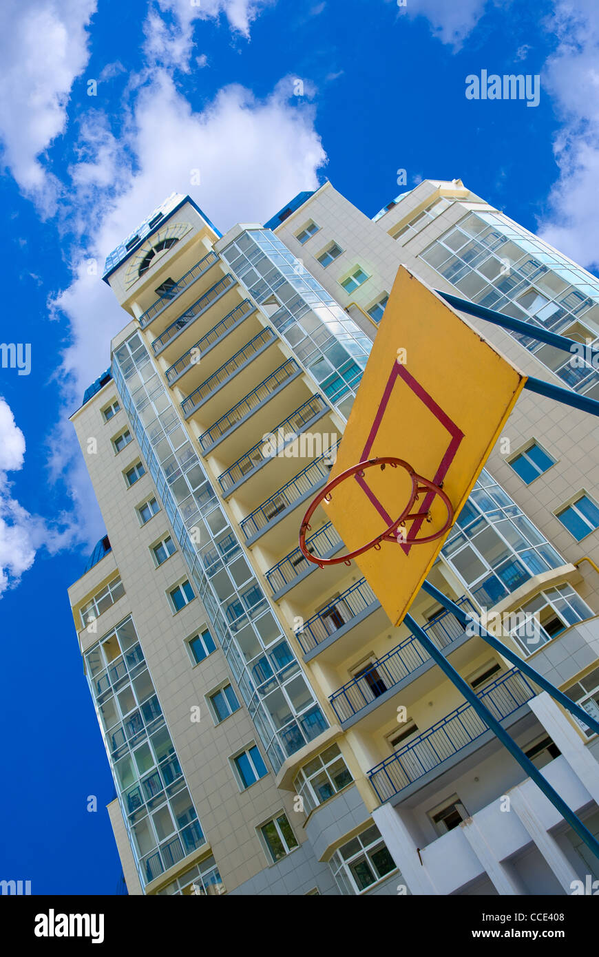 basketball backboard and modern house on blue sky background Stock ...