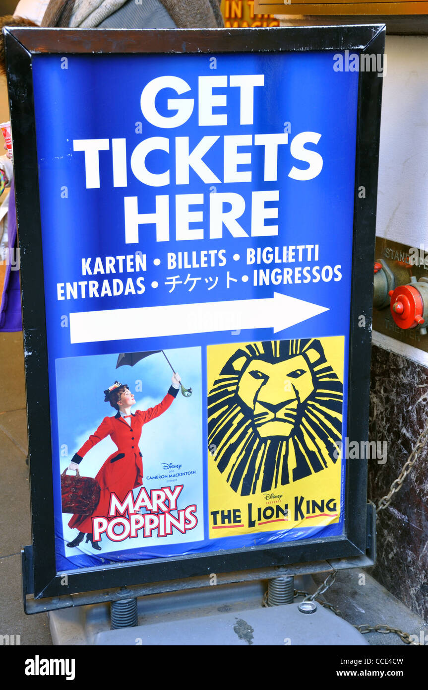 Get Tickets Here sign for Broadway musicals, New York, USA Stock Photo ...