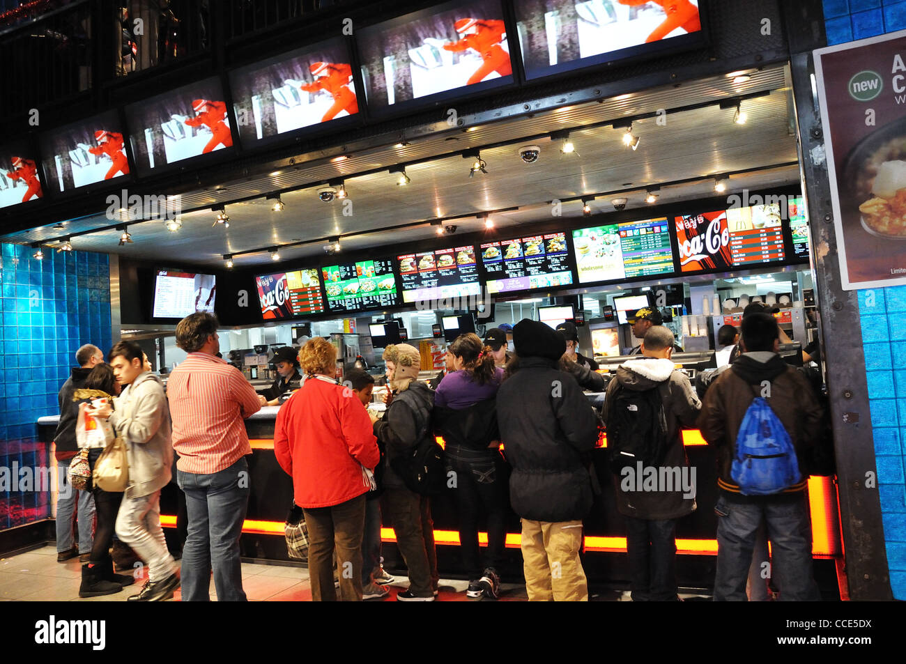 People waiting in line at Macdonald's fast food restaurant, New York ...