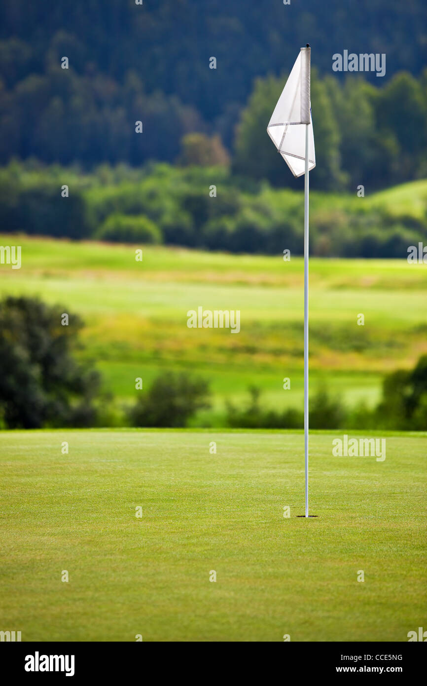 Golf field. Focus on flag Stock Photo - Alamy