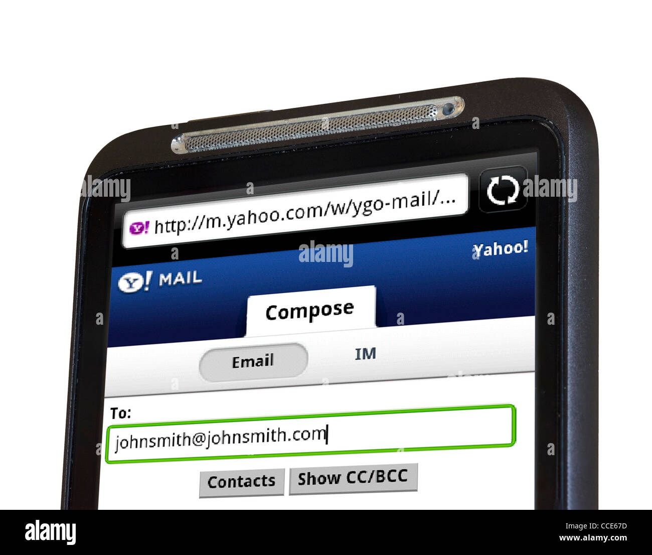 Composing an email using Yahoo Mail on an HTC smartphone Stock Photo ...