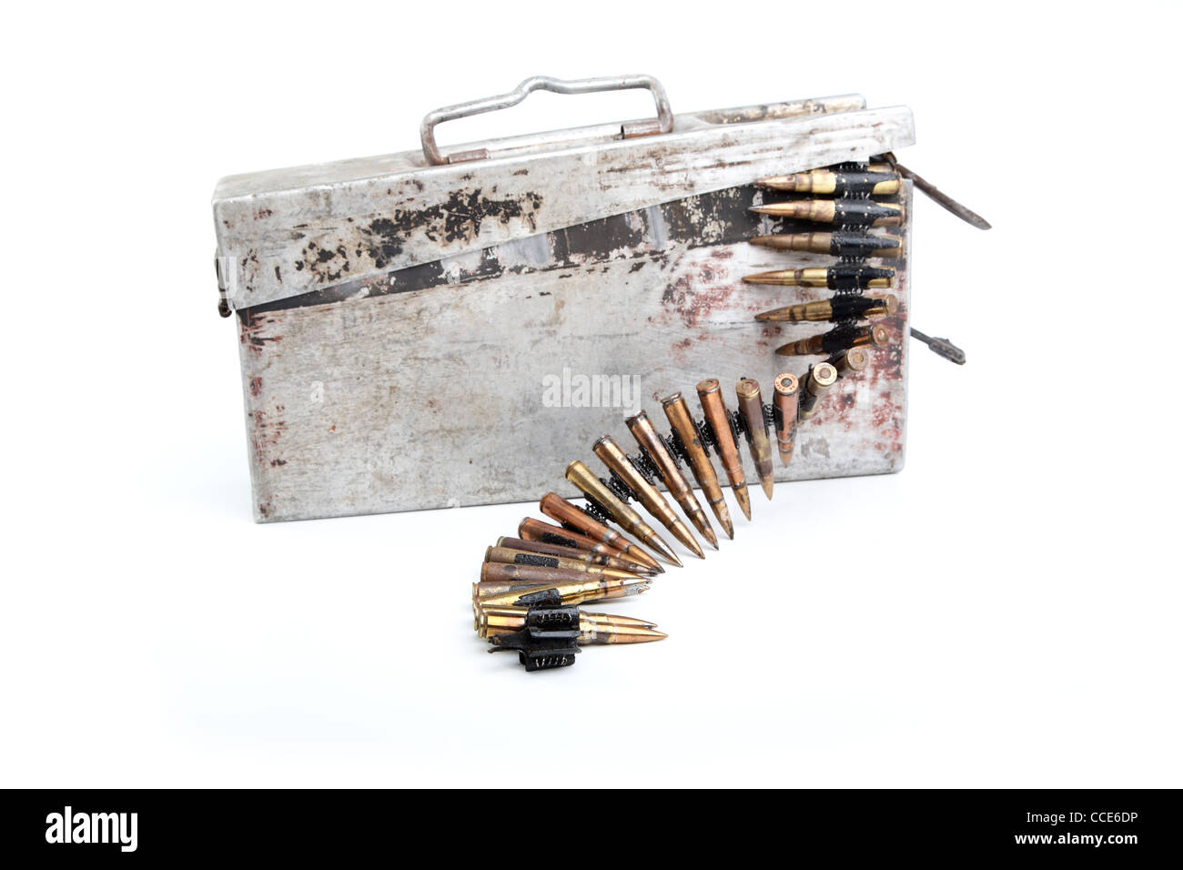 Machine-gun tape with cartridges of times Second World War on a white ...