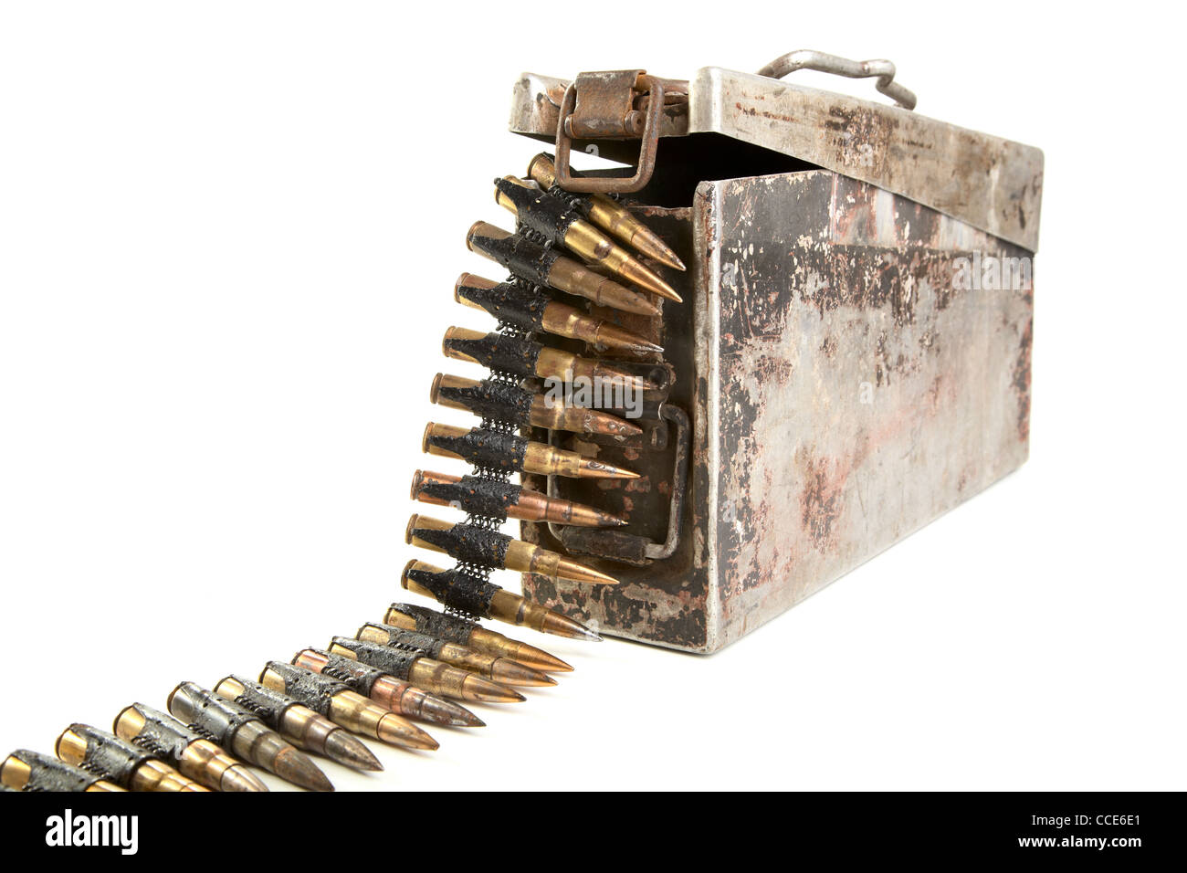 Machine-gun tape with cartridges of times Second World War on a white ...