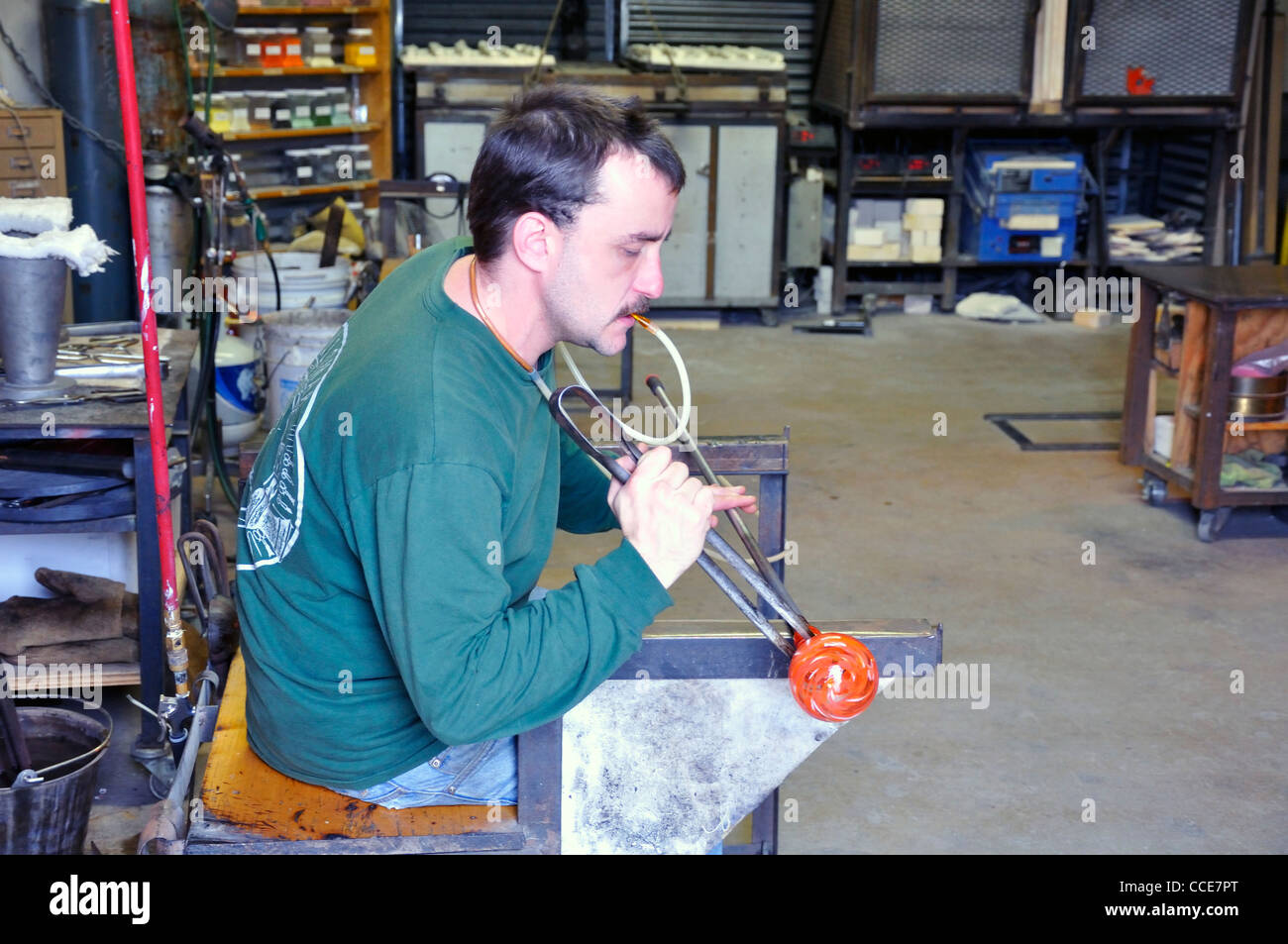Man working in glass blowing shop, Grapevine, Texas, USA Stock Photo ...