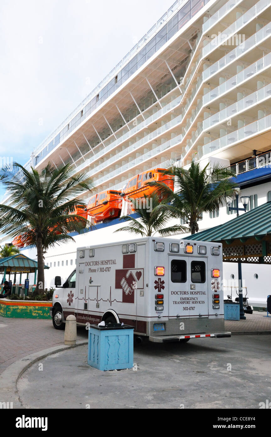 Emergency ambulance vehicle arriving at Carnival cruise ship docked in ...