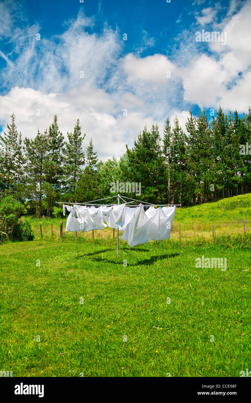 Wash Day. White washing, laundry, blowing in the breeze, hanging on a ...