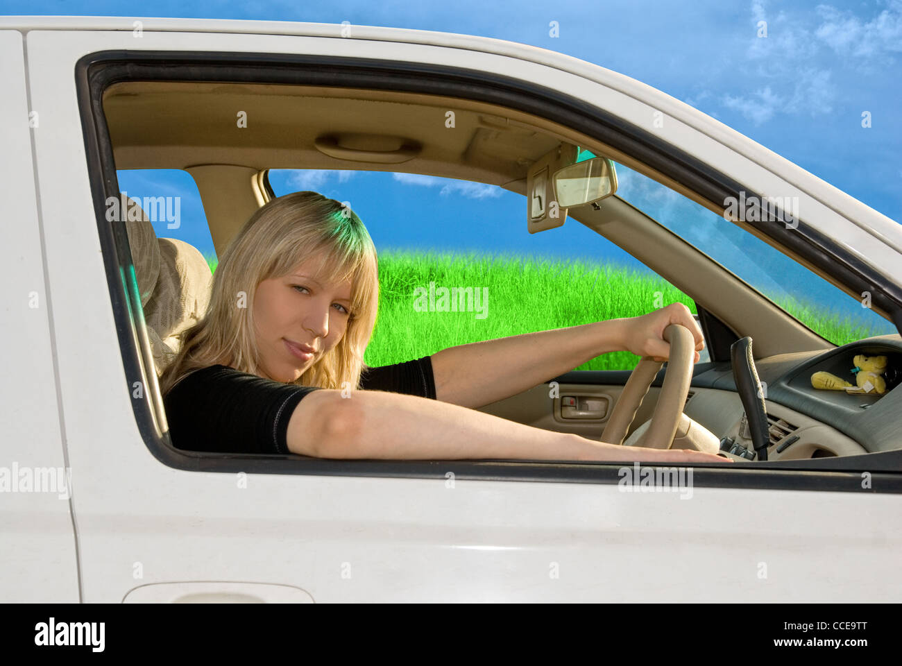 young woman driving car on nature background Stock Photo - Alamy