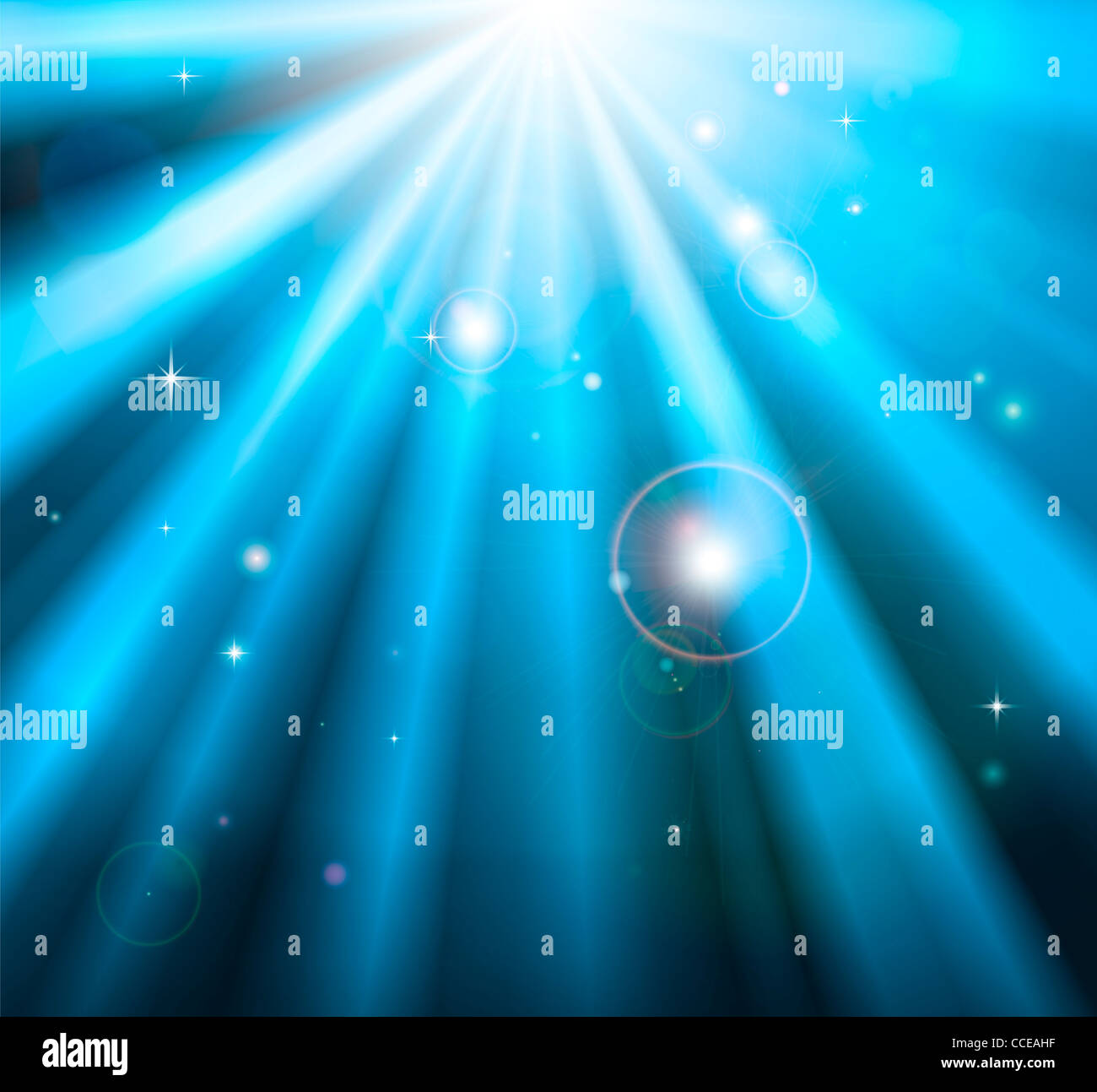 Bright blue light rays shining down with lens flare background Stock ...