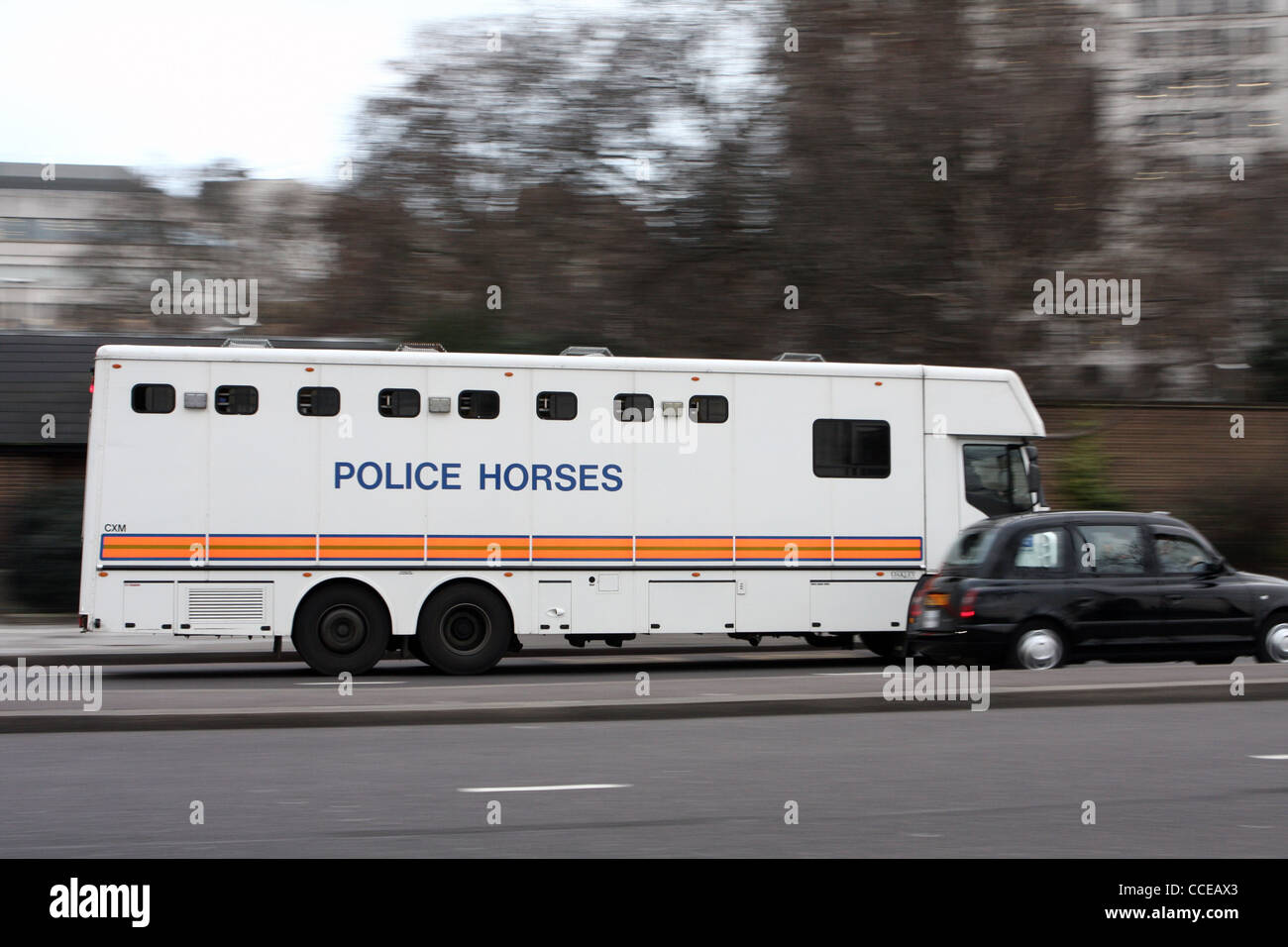 a police vehicle for transporting horses traveling along a road in ...