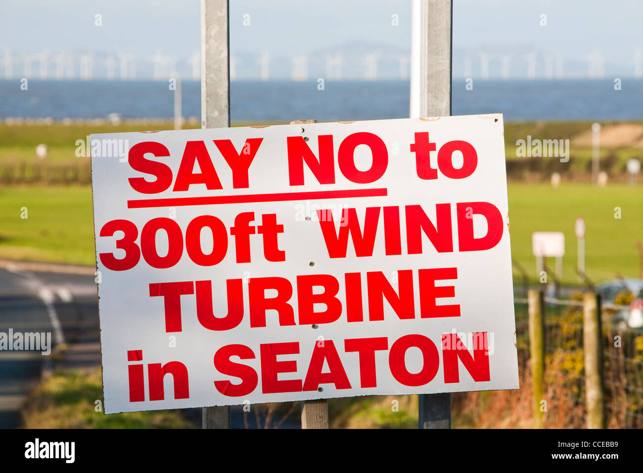 A protest sign about a new wind turbine in Seaton near workington ...