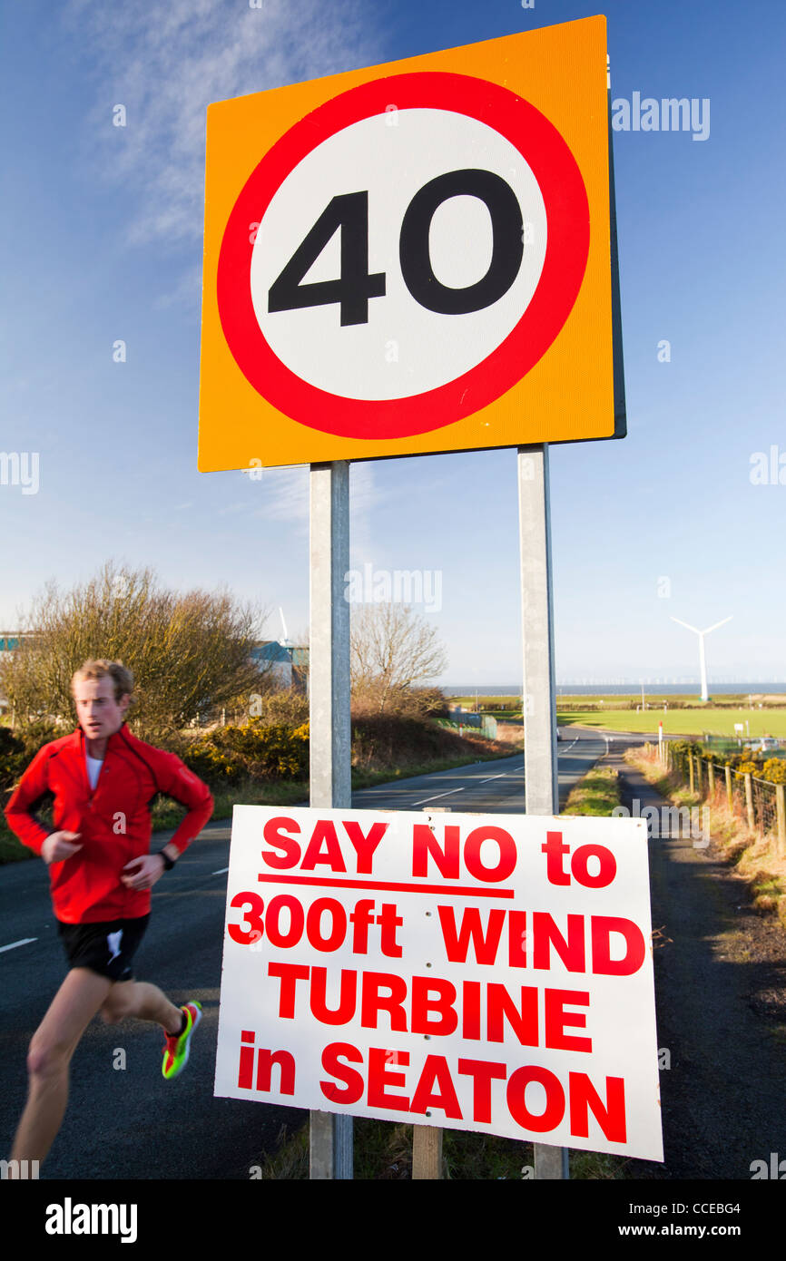 A protest sign about a new wind turbine in Seaton near workington ...