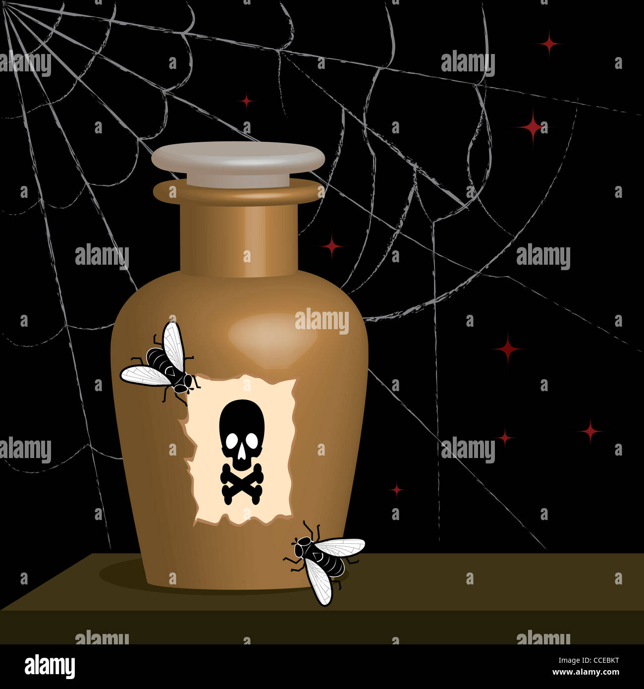 bottle of poison and flies Stock Photo - Alamy