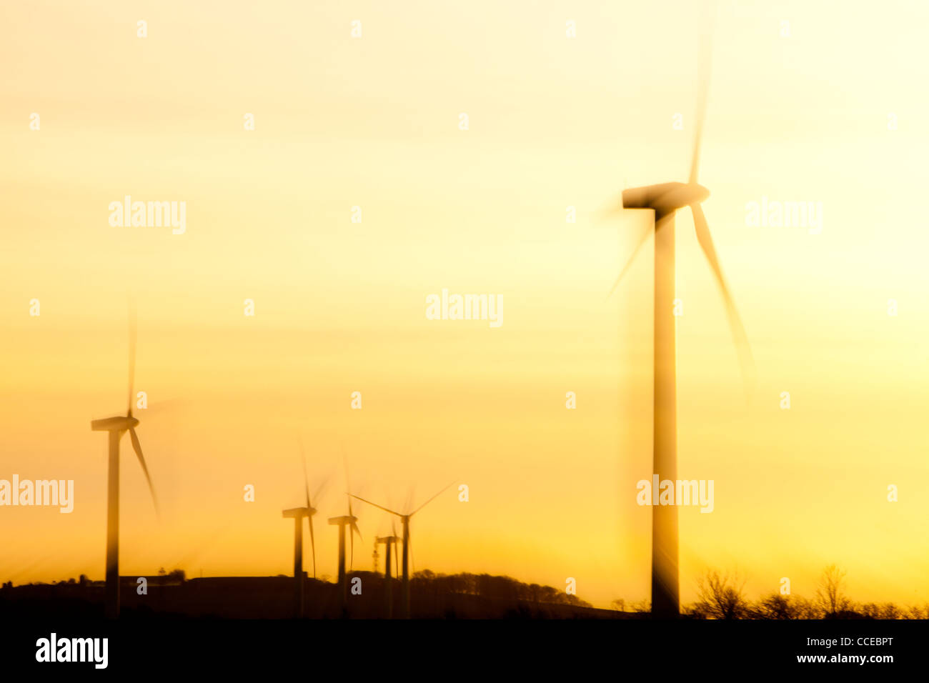 A wind farm on the west coast of Cumbria near Workington at sunset ...