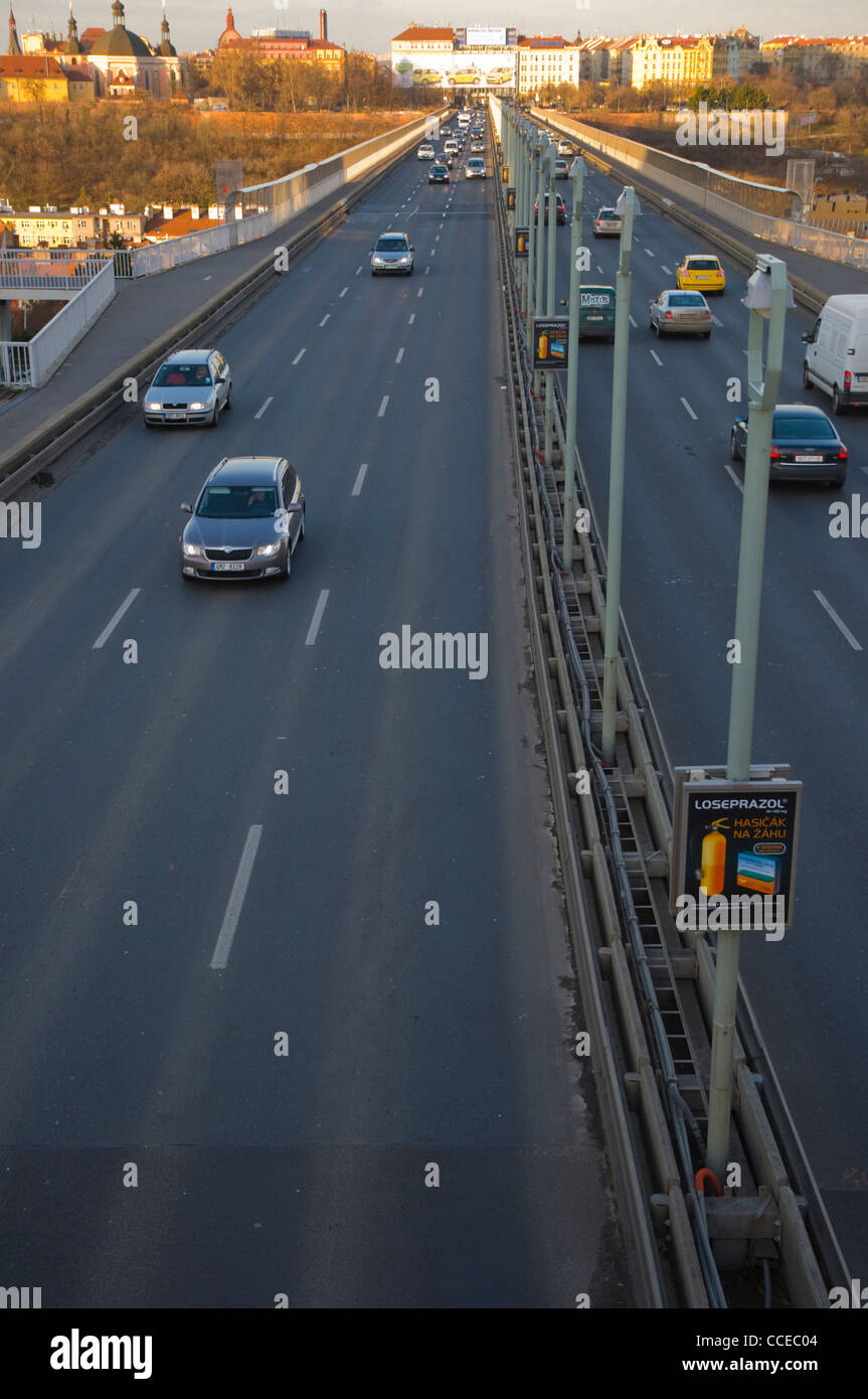 Traffic on 5 Kvetna street at Nuselsky most bridge Nusle district ...