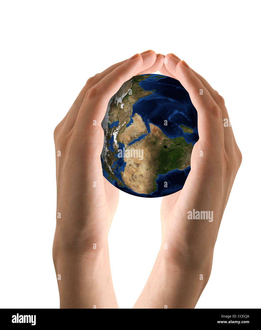 Human hand holding the world in hands. Take care the earth concept ...