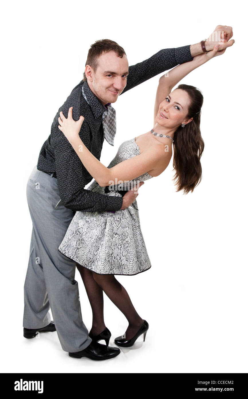 Dancing couple in celebratory clothes on a white background Stock Photo ...