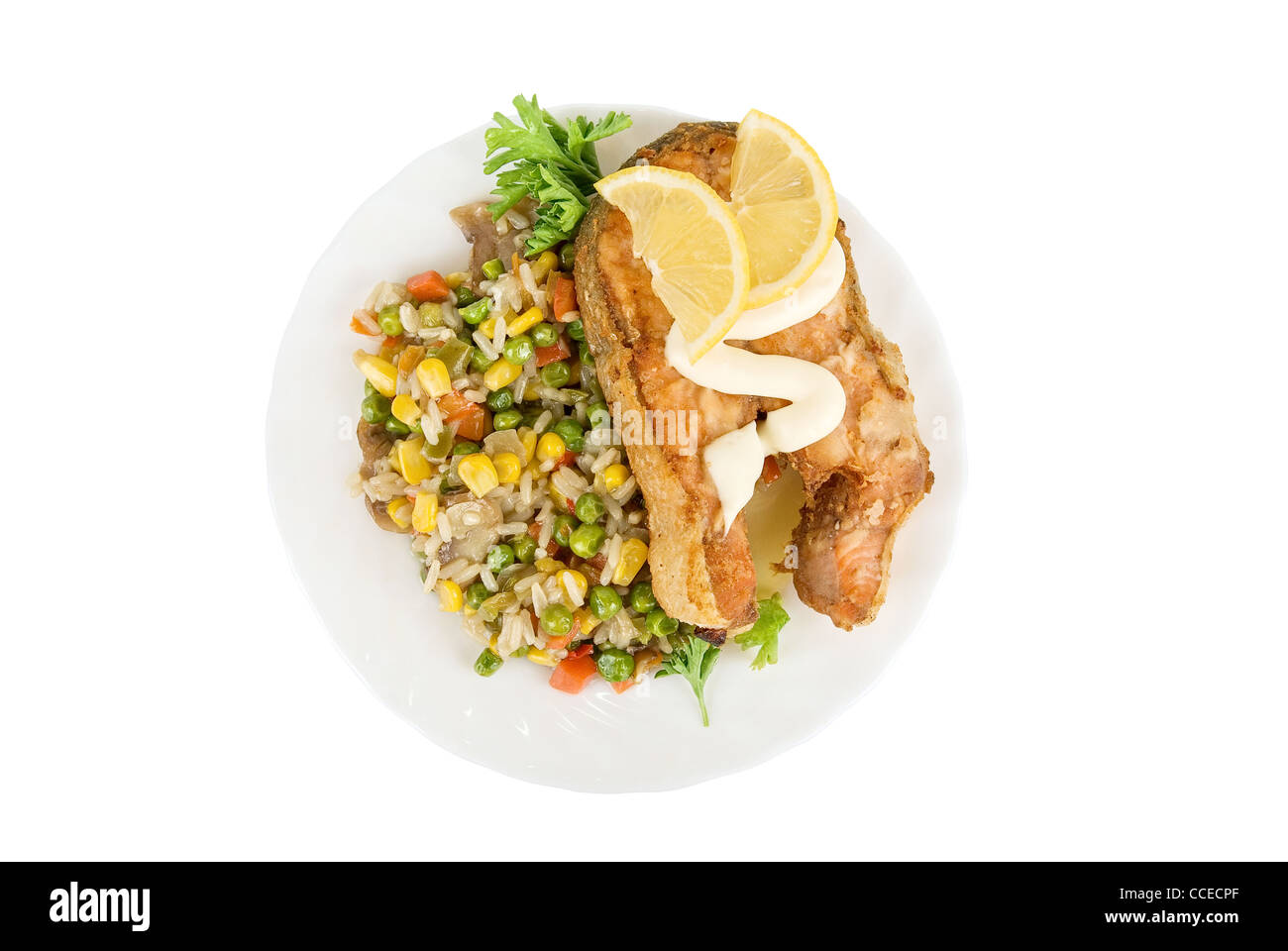 Red fish rice and vegetable dish isolated on white Stock Photo - Alamy
