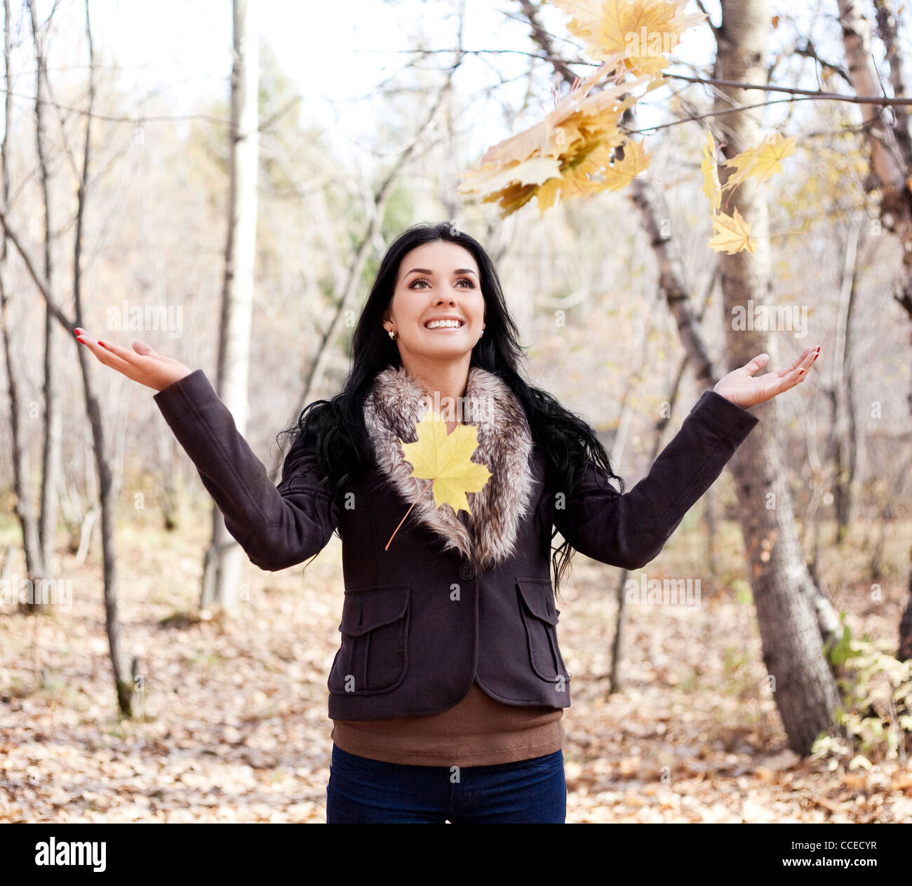 beautiful young brunette woman catching the maple leaves falling on her ...