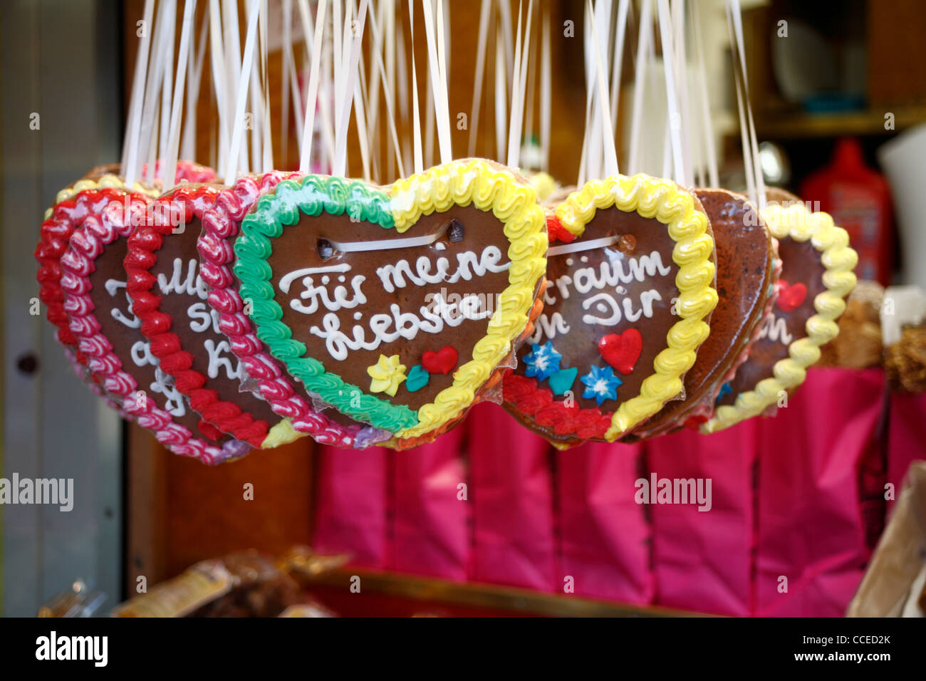 close up of gingerbread hearts on shelf at german mobile sales booth at ...