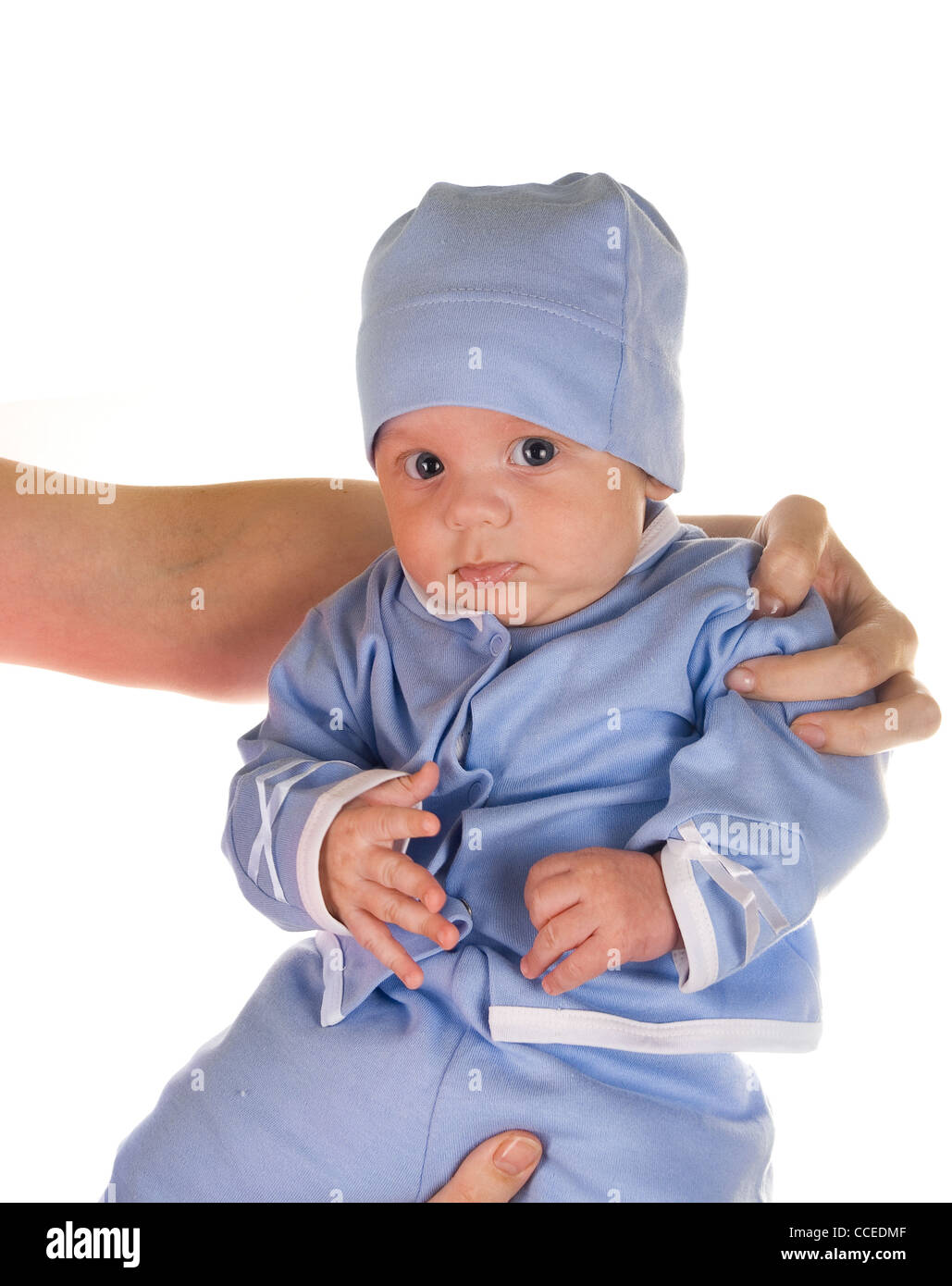 Baby boy at mother hand on a white background Stock Photo - Alamy