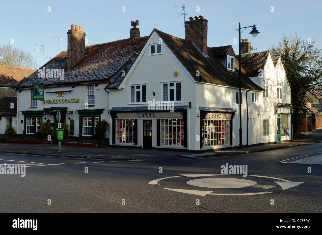 Wendover town centre and roundabout, corner shop and George and Dragon ...