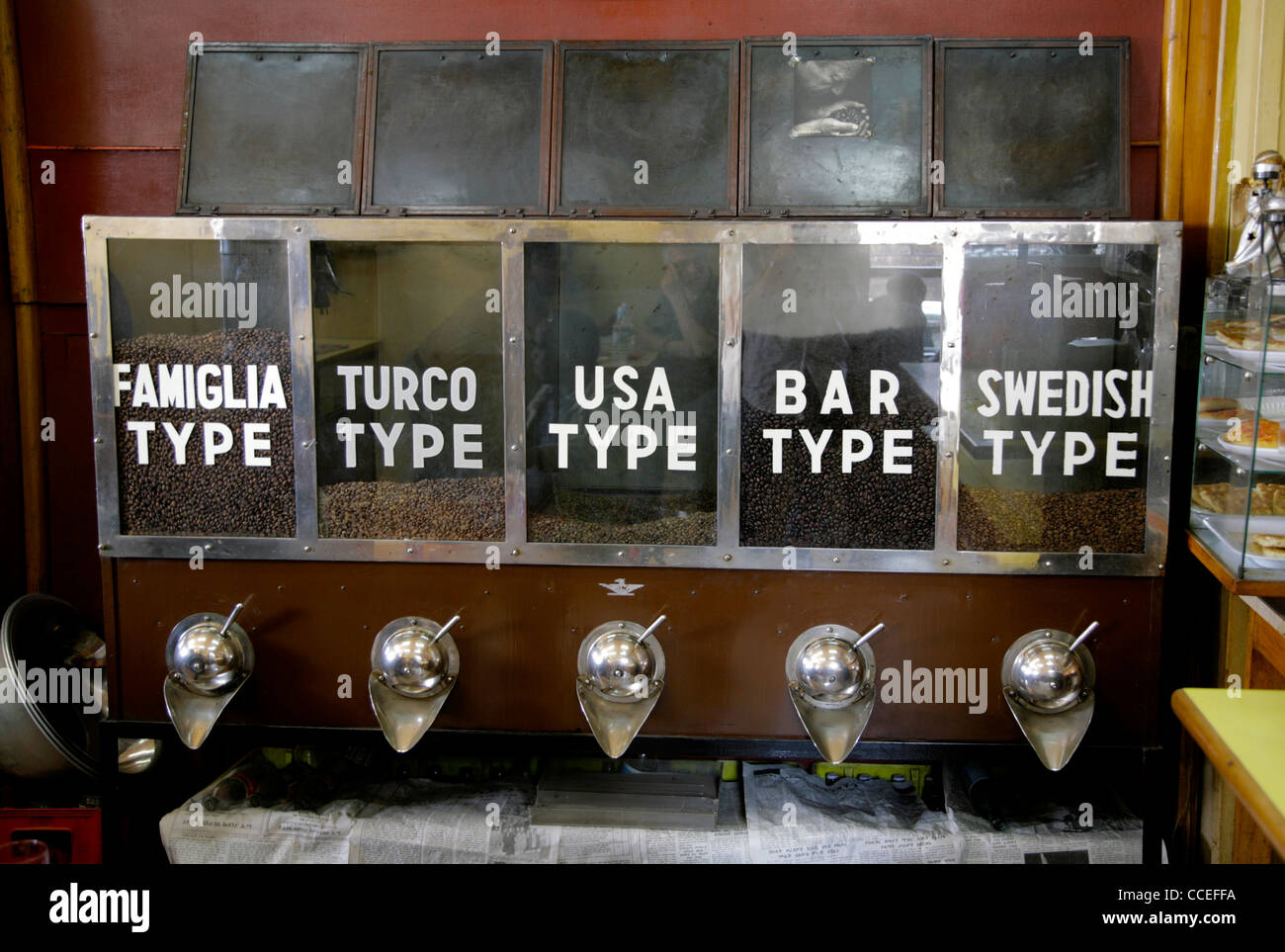 Different types of coffe displayed in a coffe shop in Addis Abeba ...
