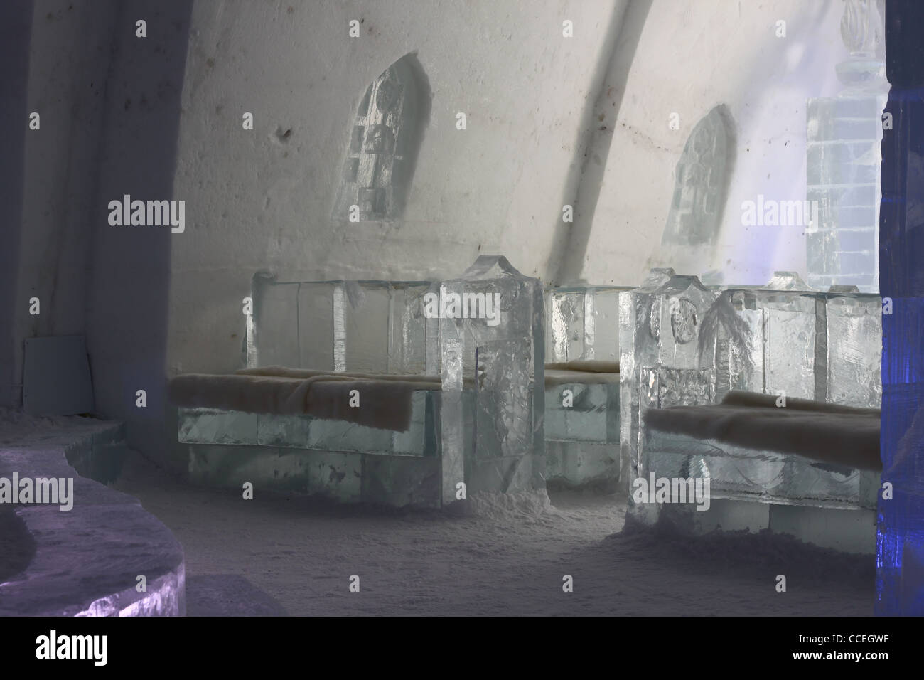 Ice church pews in the chapel of Ice Hotel in Canada Stock Photo - Alamy