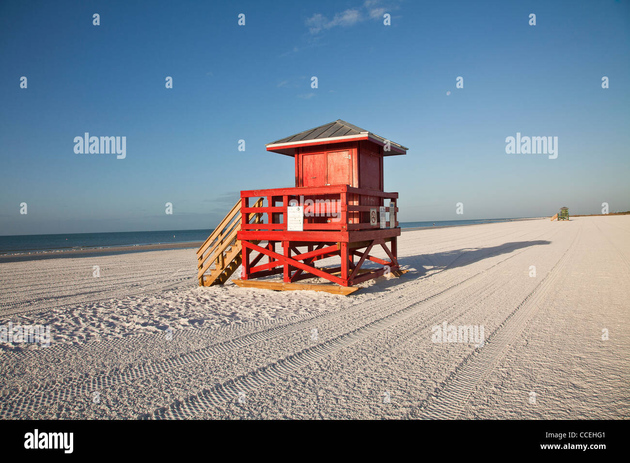 Red lifeguard station on famed white powder sand Siesta Key beach ...