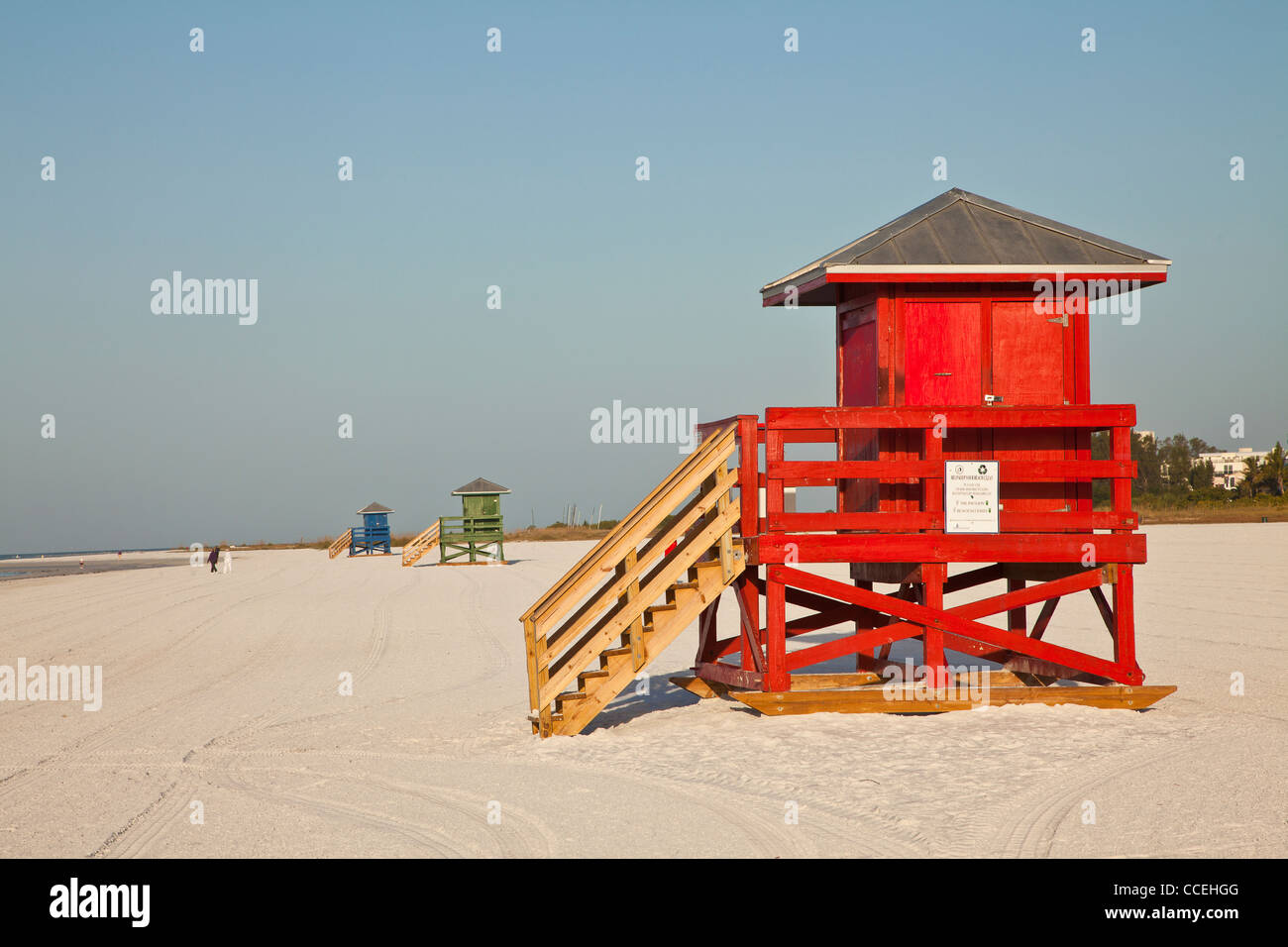 Red lifeguard station on famed white powder sand Siesta Key beach ...
