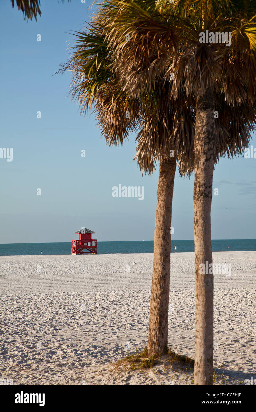 Red lifeguard station on famed white powder sand Siesta Key beach ...