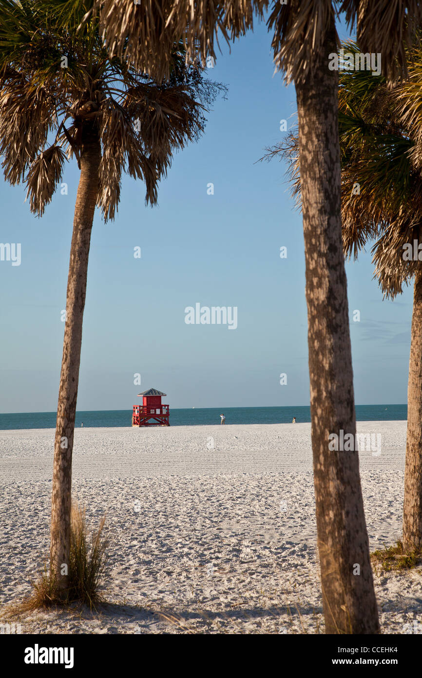 Red lifeguard station on famed white powder sand Siesta Key beach ...