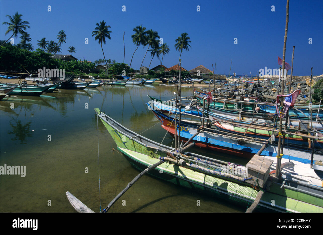 Typical catamaran fishing boats, port of Hikkaduwa, Sri Lanka Stock ...