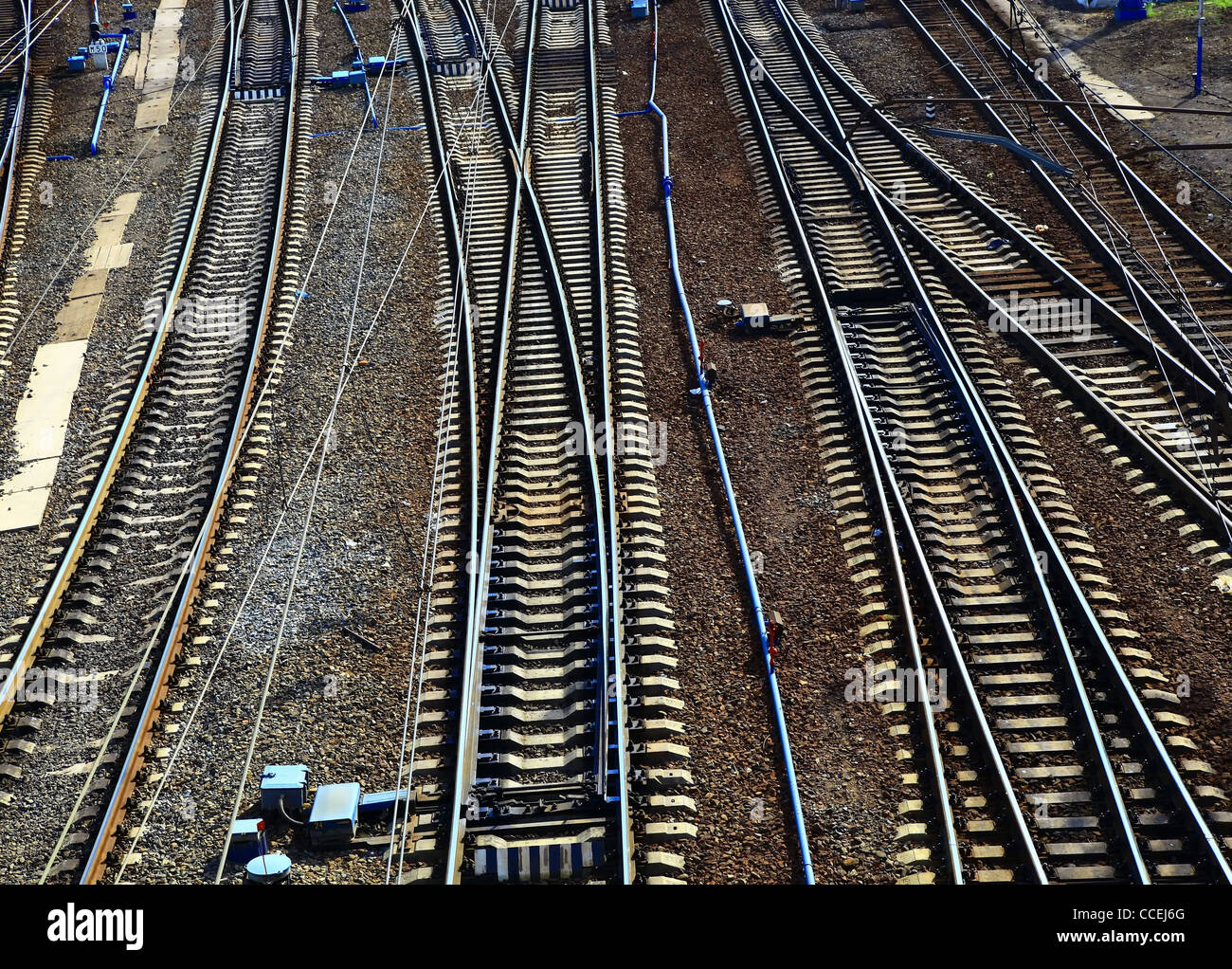 Close up of the Railroad tracks. Front view Stock Photo - Alamy
