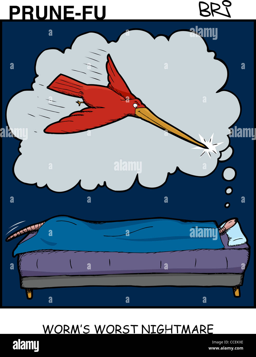 Sleeping worm has nightmare about bird with long beak in Prune-Fu comic ...